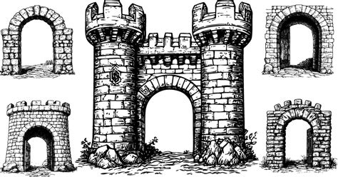 Medieval Stone Wall And Castle Door Set Engraved Sketch Of Ancient