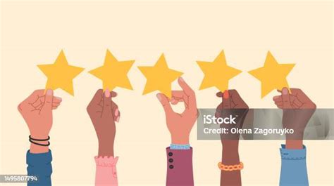 별 다섯 개 등급을 들고 있는 다양한 사람들의 손 고객 리뷰와 긍정적인 피드백의 개념 피드백에 대한 스톡 벡터 아트 및 기타 이미지 피드백 5명 개념 Istock