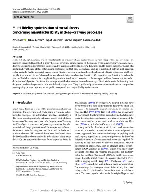 Pdf Multi Fidelity Optimization Of Metal Sheets Concerning Manufacturability In Deep Drawing