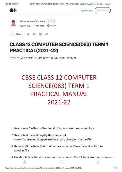Class 12 Computer Science083 Term 1 Practical202122 By Vijaya Kumar Chinthala Medium