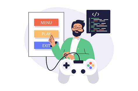 웹 사이트 디자인을 위한 평면 만화 사람들과 비디오 게임 개발자 웹 개념 게임 프로젝트에서 프로그래밍 및 코딩을 하고 메뉴