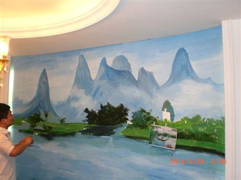 丙烯颜料墙绘风景颜料画树颜料墙绘大山谷图库