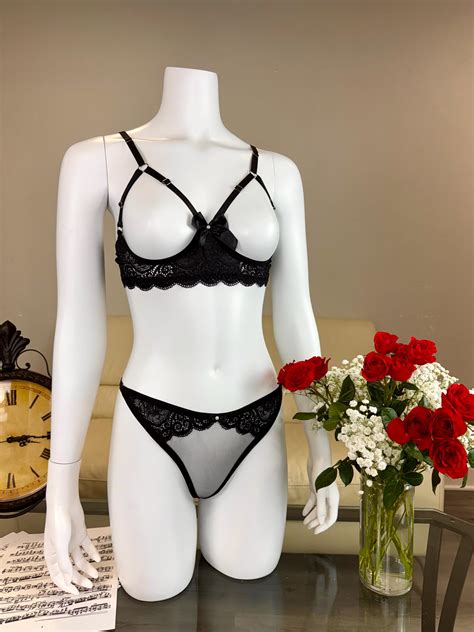 Black Lingerie Set Custom Made To Measure Open Nipple Bra And Sheer