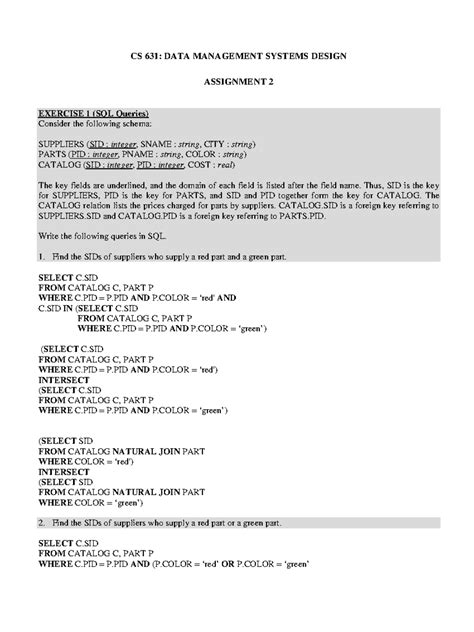 Assignment 2 Solutions Cs 631 Data Management Systems Design Assignment 2 Exercise 1 Sql