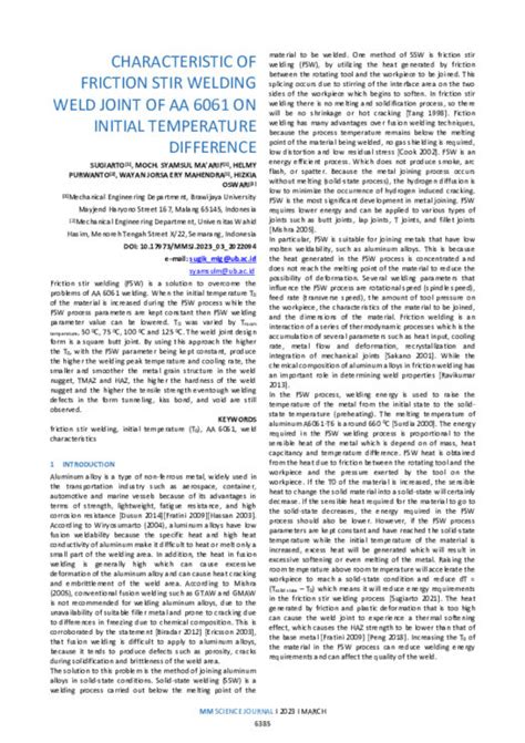 Characteristic Of Friction Stir Welding Weld Joint Of Aa 6061 On Initial Temperature Difference