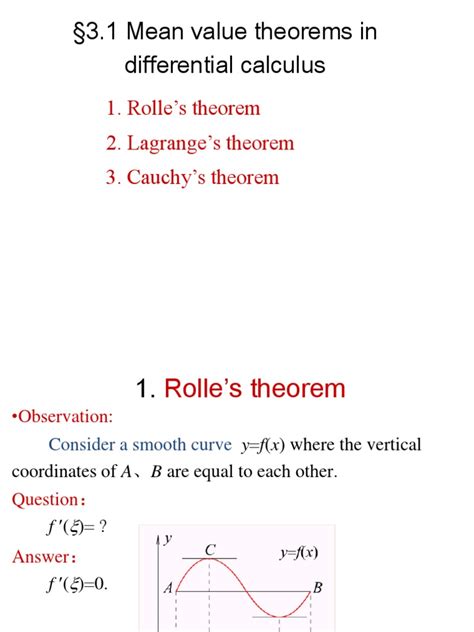 31 Mean Value Theorems In Differential Calculus 1 Rolles Theorem 2