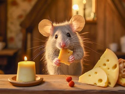 Cute Little Mouse Sitting On Table And Eating Cheese Stock Illustration