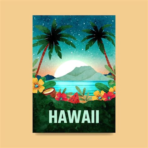 손으로 그린 하와이 휴가 포스터 템플릿 프리미엄 벡터