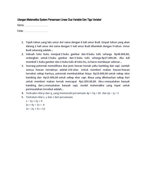 Ulangan Matematika System Persamaan Linear Dua Variable Dan Tiga Variabel Pdf