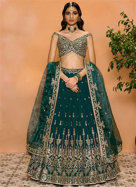 Teal Green Embroidered Lehenga Lashkaraa India