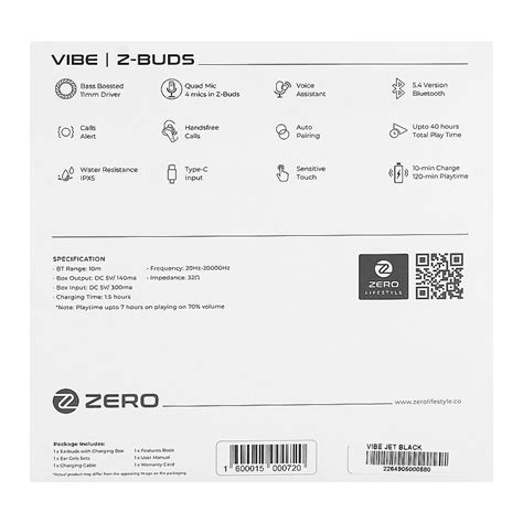 Zero Vibe Z Buds Wireless Earbuds 40h Playtime Ipx4 Waterproof Jet Black