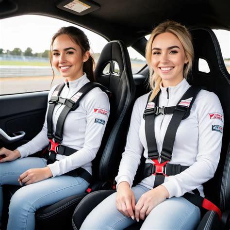 2 Young Adult Woman Strapped Into 5 Point Racing Har
