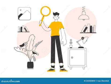 A Man Holds A Magnifying Glass In His Hands Search Concept Linear Trendy Style Vector Stock