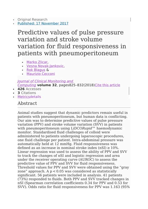 Pdf Predictive Values Of Pulse Pressure Variation And Stroke Volume Variation For Fluid