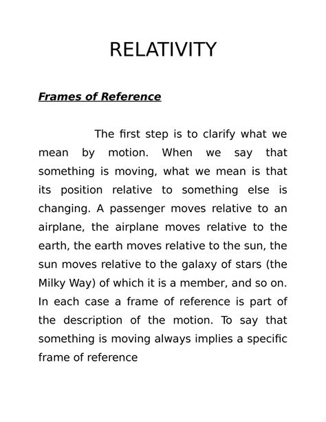 Relativity Frame Of Referance Relativity Frames Of Reference The First Step Is To Clarify