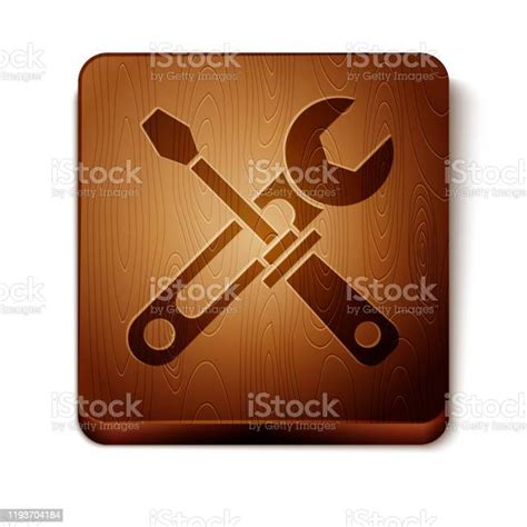 갈색 드라이버와 렌치 도구 아이콘 흰색 배경에 격리 서비스 도구 기호입니다 나무 사각형 버튼입니다 벡터 일러스트레이션 건설 산업에 대한 스톡 벡터 아트 및 기타 이미지