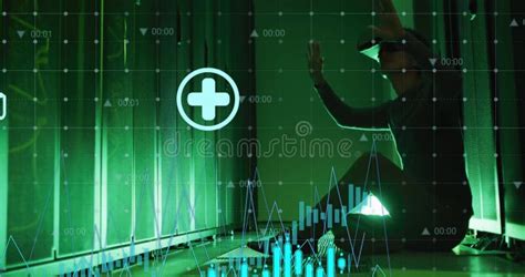 Animation Of Digital Icons And Data Processing Over Asian Man Using Vr