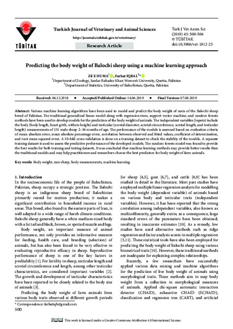 Pdf Predicting The Body Weight Of Balochi Sheep Using A Machine Learning Approach