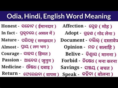 Odia English Hindi Word Meaning/ Daily use english words meaning ...