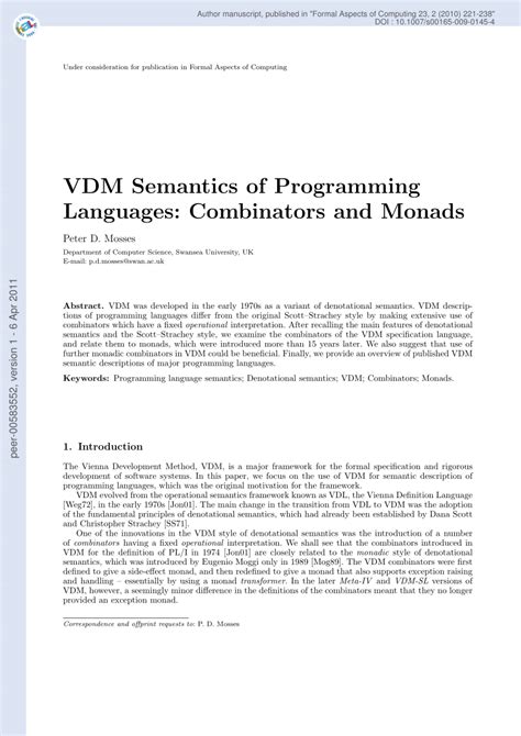 Pdf Vdm Semantics Of Programming Languages Combinators And Monads