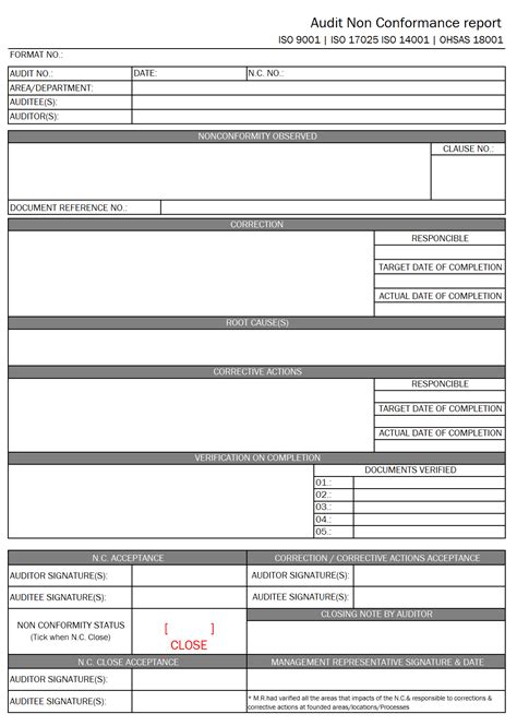 Audit Non Conformance Report