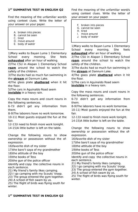 1st Summative Test In English Q2 1 St Summative Test In English Q