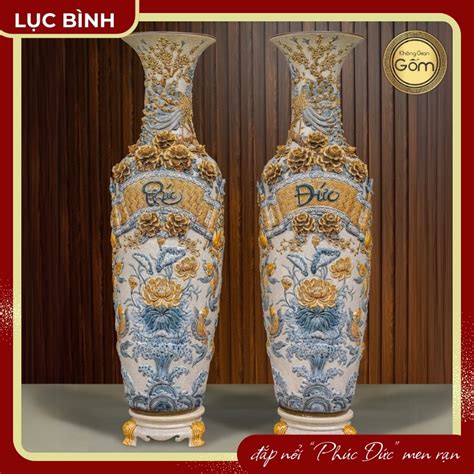 Lục Bình Hoạ Tiết Phúc Đức đắp Nổi Men Rạn Bt Lb10