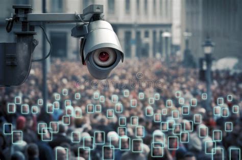 Security Camera Over Busy City Square Using Facial Recognition Technology To Monitor The