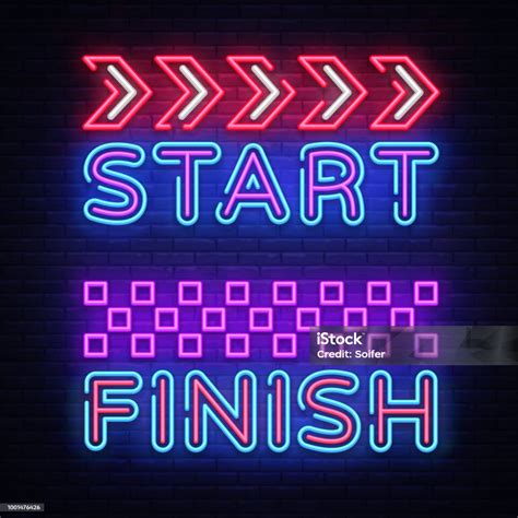 마침 네온 사인 벡터를 시작 합니다 시작 완료 디자인 서식 파일 네온 사인 레이싱 라이트 배너 네온 간판 광고 밝은 야간 라이트