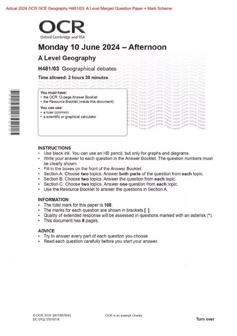 Actual 2024 Ocr Gce Geography H48103 Geographical Debates A Level