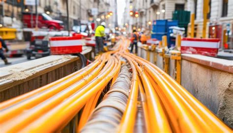 Construction Workers Installing Underground Cables In City Street Stock