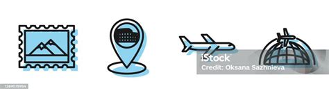 세트 라인 평면 우편 스탬프와 산 비행 비행기 아이콘로마 이탈리아와 글로브콜로세움지도 포인터 벡터 비행기에 대한 스톡 벡터 아트 및 기타 이미지 Istock