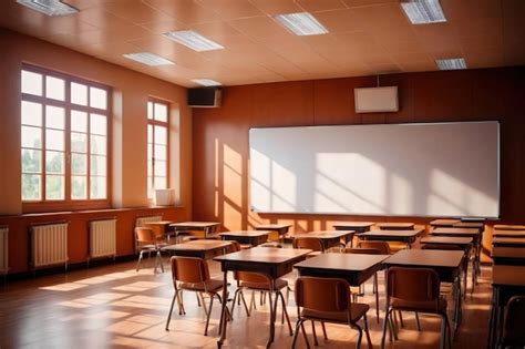 Premium Photo Empty Modern Classroom With Blank Whiteboard Bright Sunny Cheerful Education