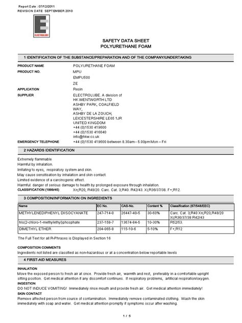 Safety Data Sheet Polyurethane Foam Pdf Toxicity Occupational