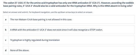 Solved The Codon 5 Ugg 3 For The Amino Acid Tryptophan