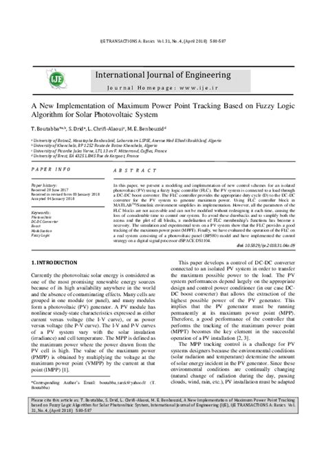 Pdf A New Implementation Of Maximum Power Point Tracking Based On Fuzzy Logic Algorithm For