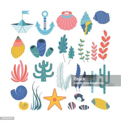 해초 조개껍데기 불가사리 돌 닻 배의 해양 요소 세트는 평평한 만화 스타일입니다 그래픽 프린트에 대한 스톡 벡터 아트 및 기타
