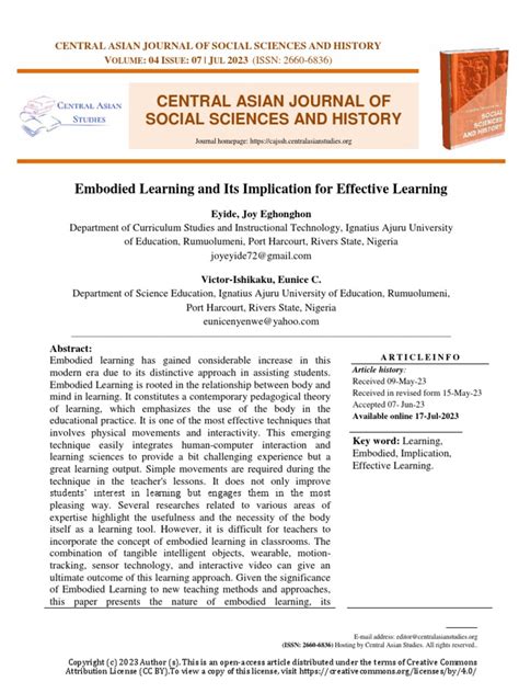 Embodied Learning And Its Implication For Effective Learning Pdf Embodied Cognition Learning