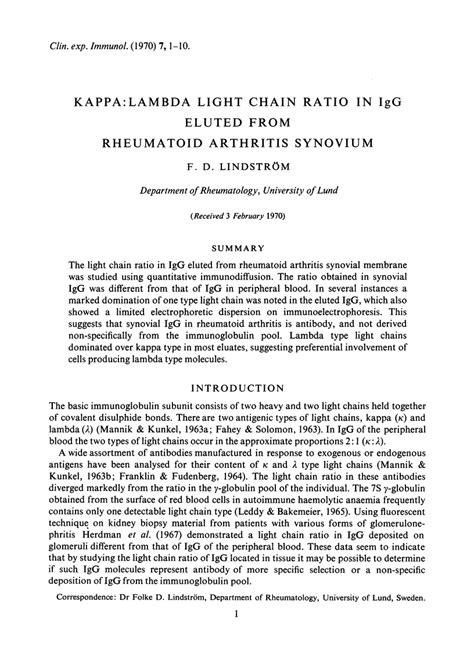 Kappa Lambda Light Chain Ratio In Igg Eluted From Rheumatoid Arthritis