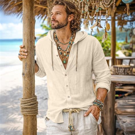 Mens Shirt Linen Shirt Beach Wear Button Up Shirt Hooded Shirt Plain