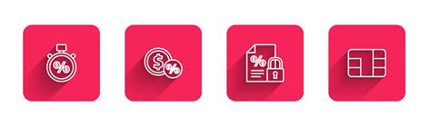 세트 라인 스톱워치 와 퍼센트 머니 코인 금융 문서 잠금 및 긴 그림자신용 카드 칩 빨간색 사각형 버튼입니다 벡터 0명에 대한 스톡 벡터 아트 및 기타 이미지 Istock