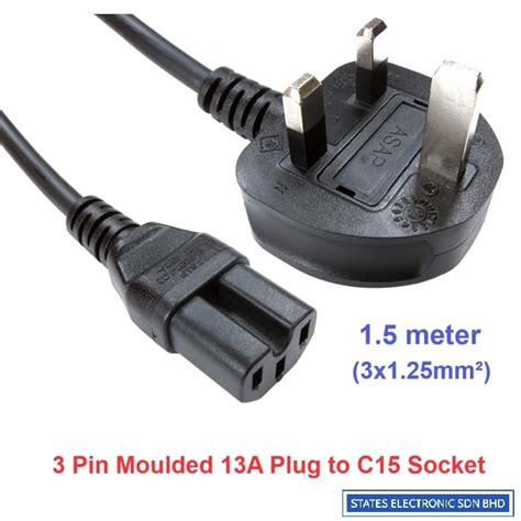 3 Pin Molded 13a Plug Power Cord Cable To C15 Socket 15 Meter 3x1