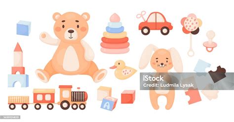 컬렉션 어린이 장난감 귀여운 테디베어와 토끼 오리와 피라미드 큐브 기차 시계태엽 자동차 딸랑이와 젖먹이 만화 스타일의 격리된 벡터 그림입니다 키즈 컬렉션 테디 베어에 대한