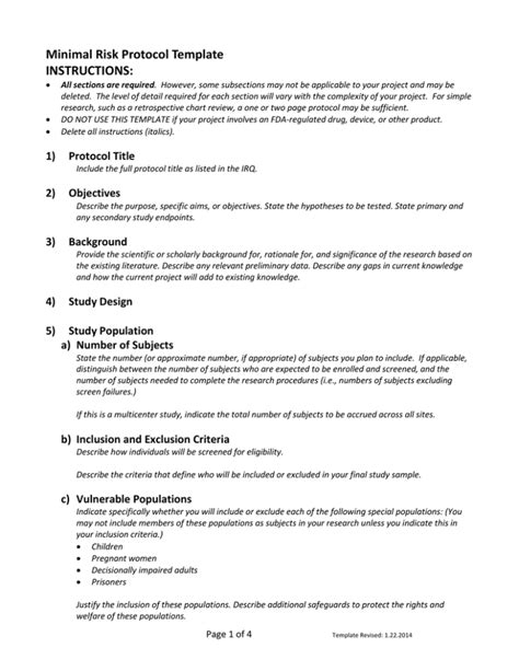 Minimal Risk Protocol Template For Research
