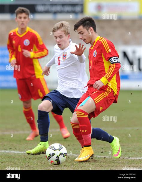 Norways Torgersen Thomas Left And Romanias Ciobanu Andrei Virgil Battle For The Ball Stock