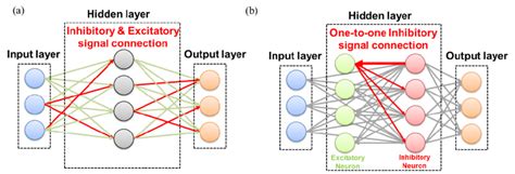two neural network schemes a is a neural network with inhibitory and