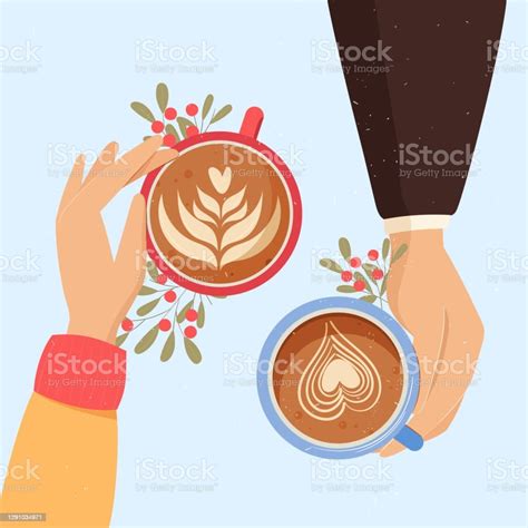 라떼 아트와 겨우살이를 곁들인 커피 컵을 들고 있는 여성과 남성 핸즈 상단 뷰 벡터 일러스트레이션 크리스마스 및 겨울 구성 겨우살이과에 대한 스톡 벡터 아트 및 기타 이미지