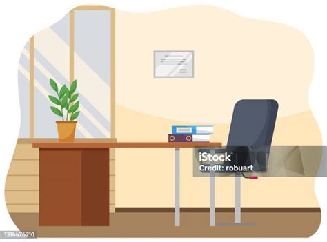 현대적인 직장 플랫 디자인 아늑한 객실 인테리어에 책이 쌓인 사무실 의자 및 사무실 책상 가정의 방에 대한 스톡 벡터 아트 및