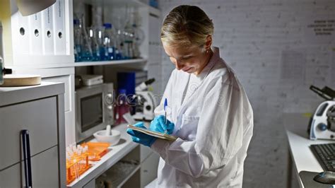 Blonde Woman Scientist Writing In Notebook While Working In A Modern