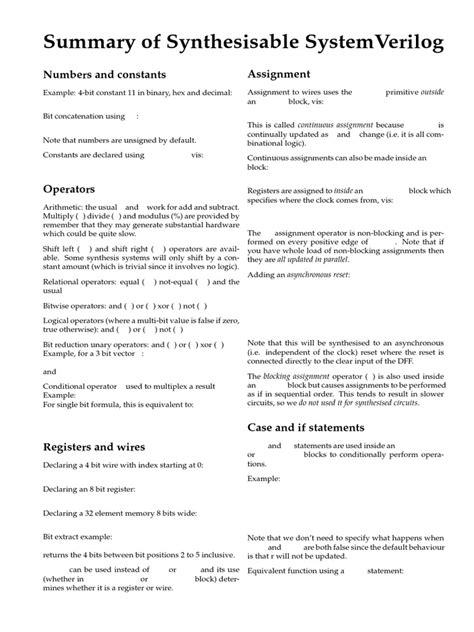 System Verilog Cheatsheet 1648284003 Pdf Computing Computer Science